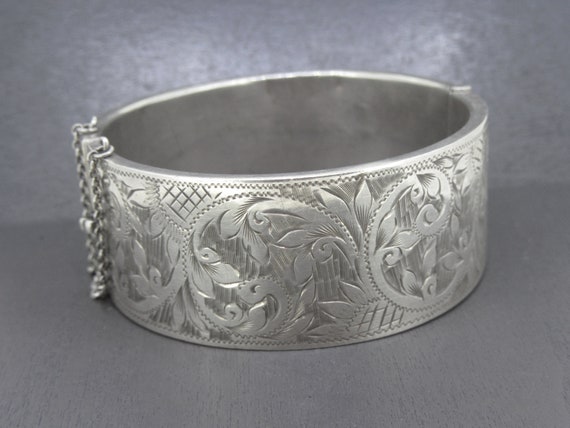 7" Huge Antique Victorian Sterling Silver Etched Brac… - Gem