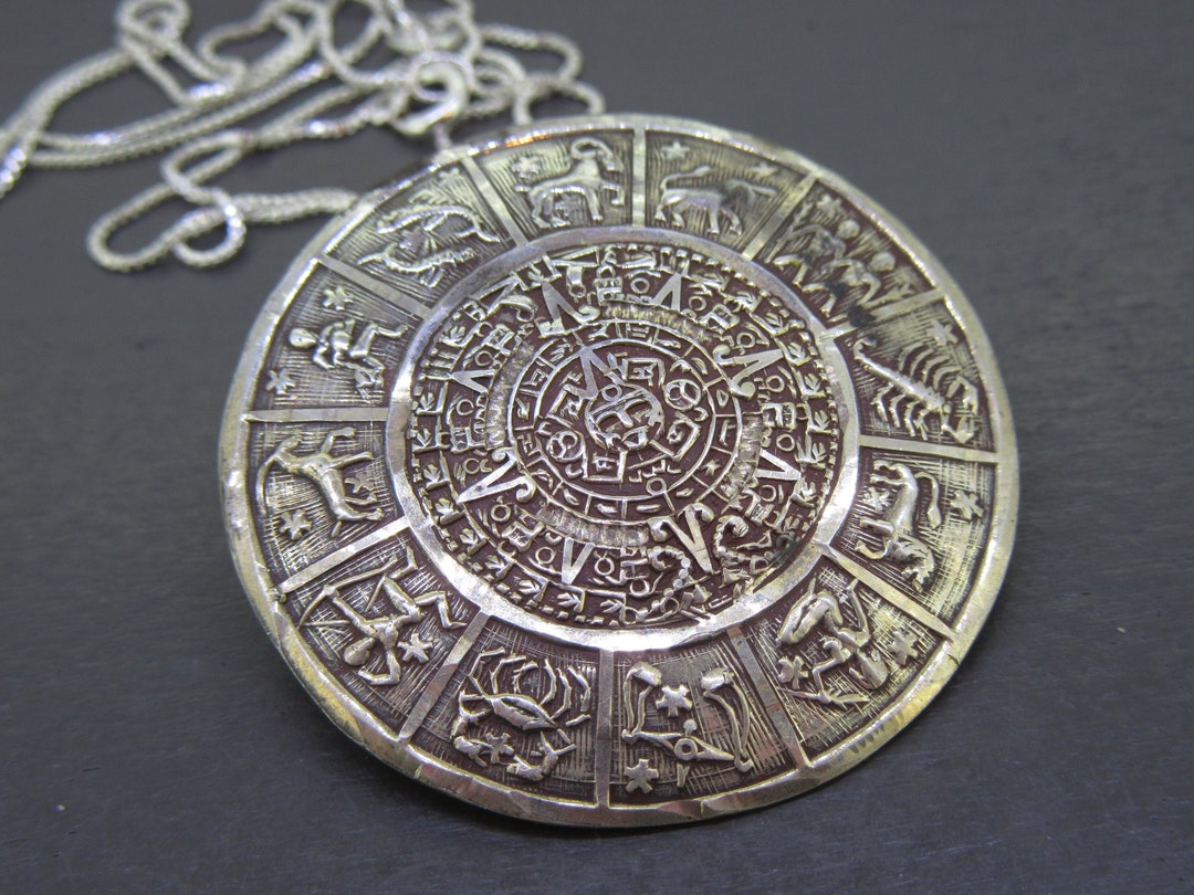 Large Vintage Sterling Aztec Calendar Zodiac Pendant Necklace With 18 ...
