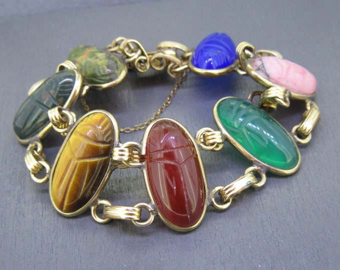 6 1/2" Vintage Gold Filled Scarab Bracelet With Semi Precious Stones - Etsy