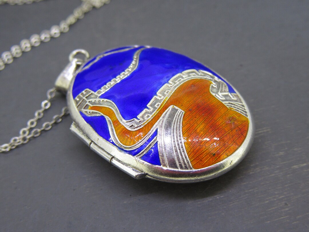 Antique Enamel Sterling Great Wall of China Oval Locket With Guilloche ...
