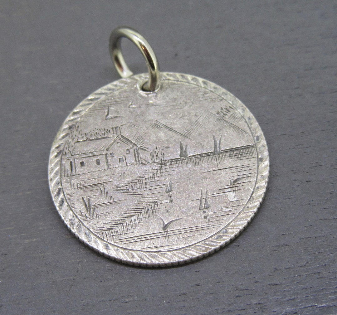 Antique Lake House & Mountains Scene Love Token Charm, Antique Coin ...