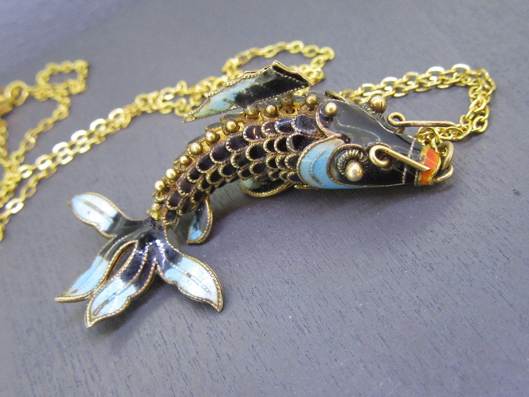 Sterling Black & Blue Enamel Articulated Koi Fish Pendant With 18 ...