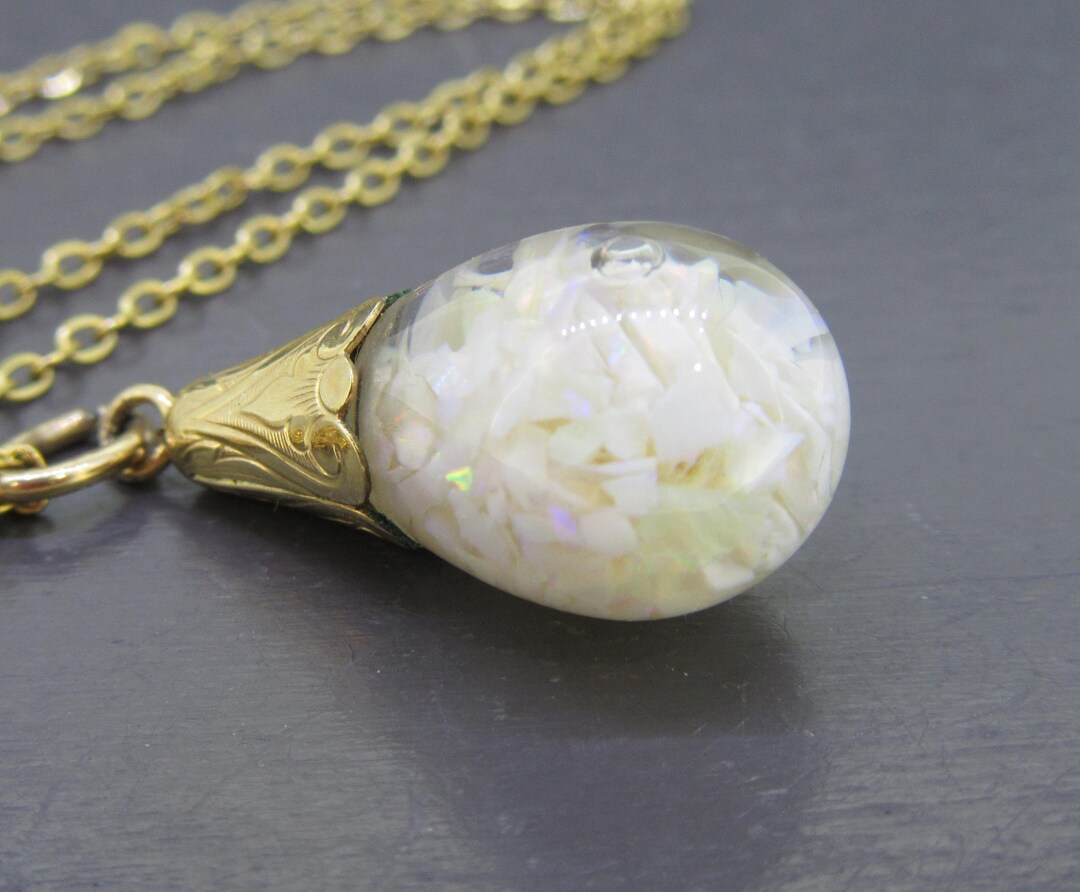 Vintage Floating Opal Pendant Necklace, Glass Opal Teardrop With 18 ...