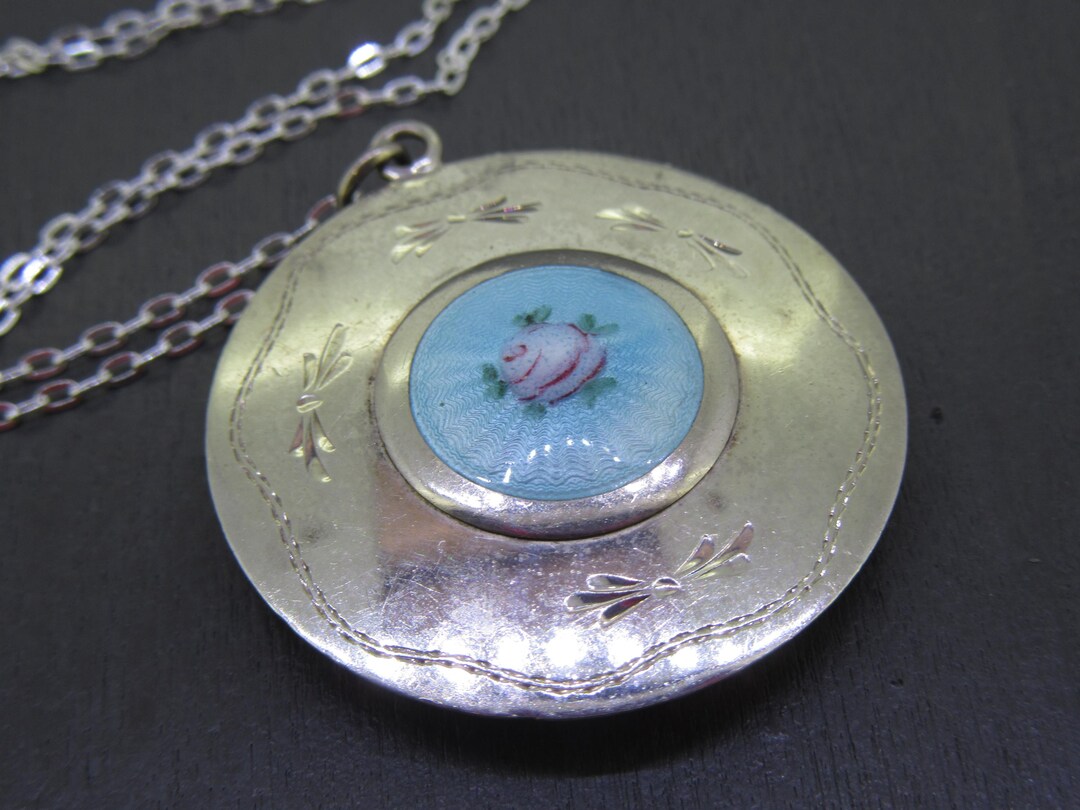 Antique Enamel Sterling Guilloche Locket With 18" Sterling Silver Chain ...