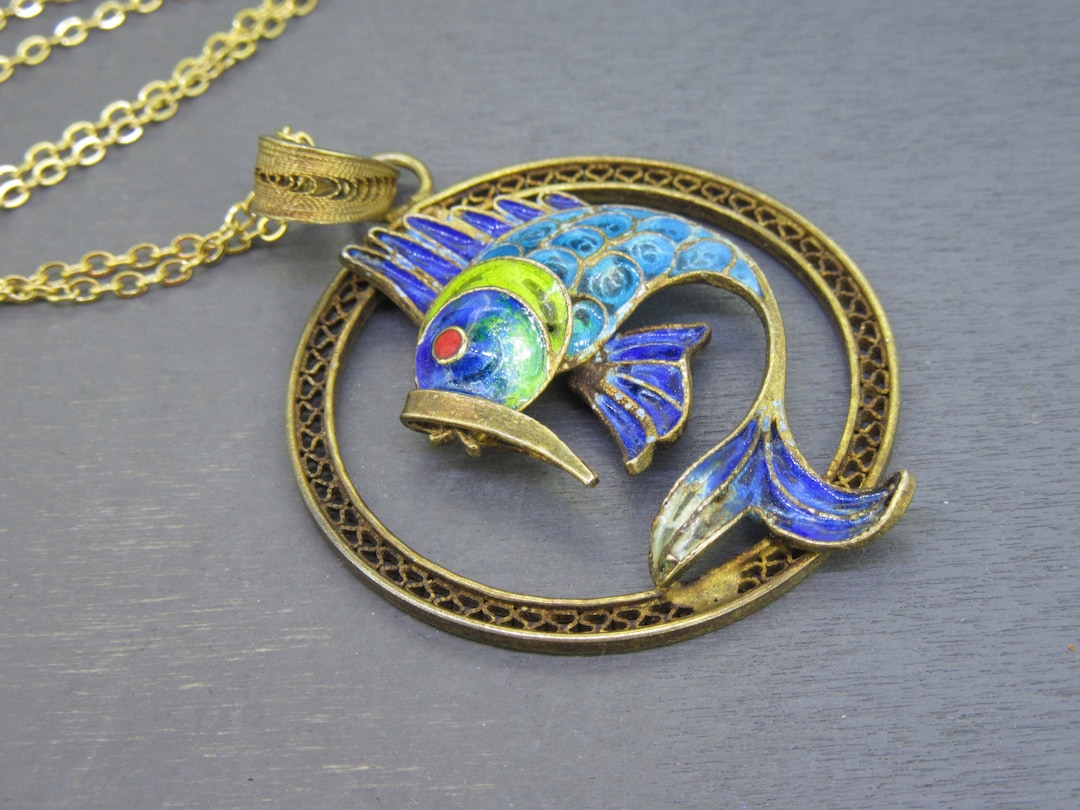 Vintage Sterling & Enamel Koi Fish Pendant With 18" Gold Plated Chain ...