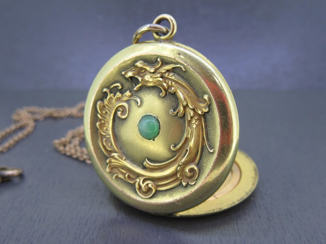 Antique Dragon Locket Necklace With 18" Gold Filled Chain, Dragon With ...