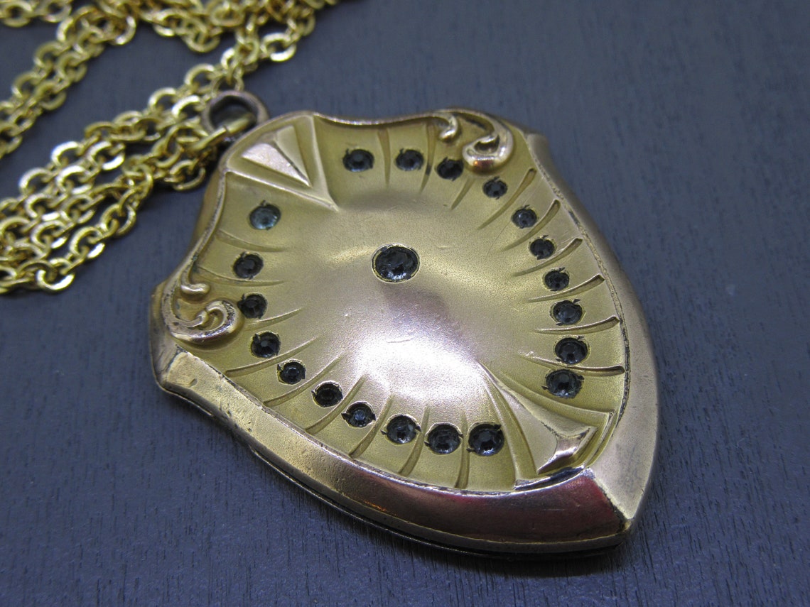 Antique Shield Locket Necklace With Rhinestones, 20" Chain, RMH ...