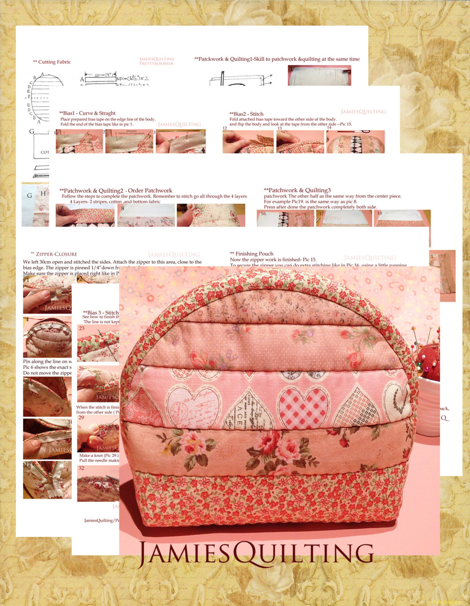 Sewing Project for Beginners Pink Heart Cosmetic Pouchtutorial ...