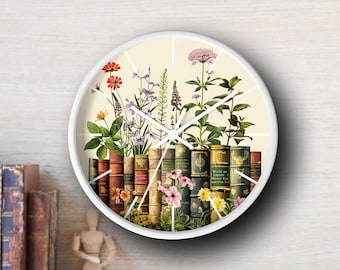Whimsical Wildflower Wall Clock Flowers & Books Clock, Literature Wall ...