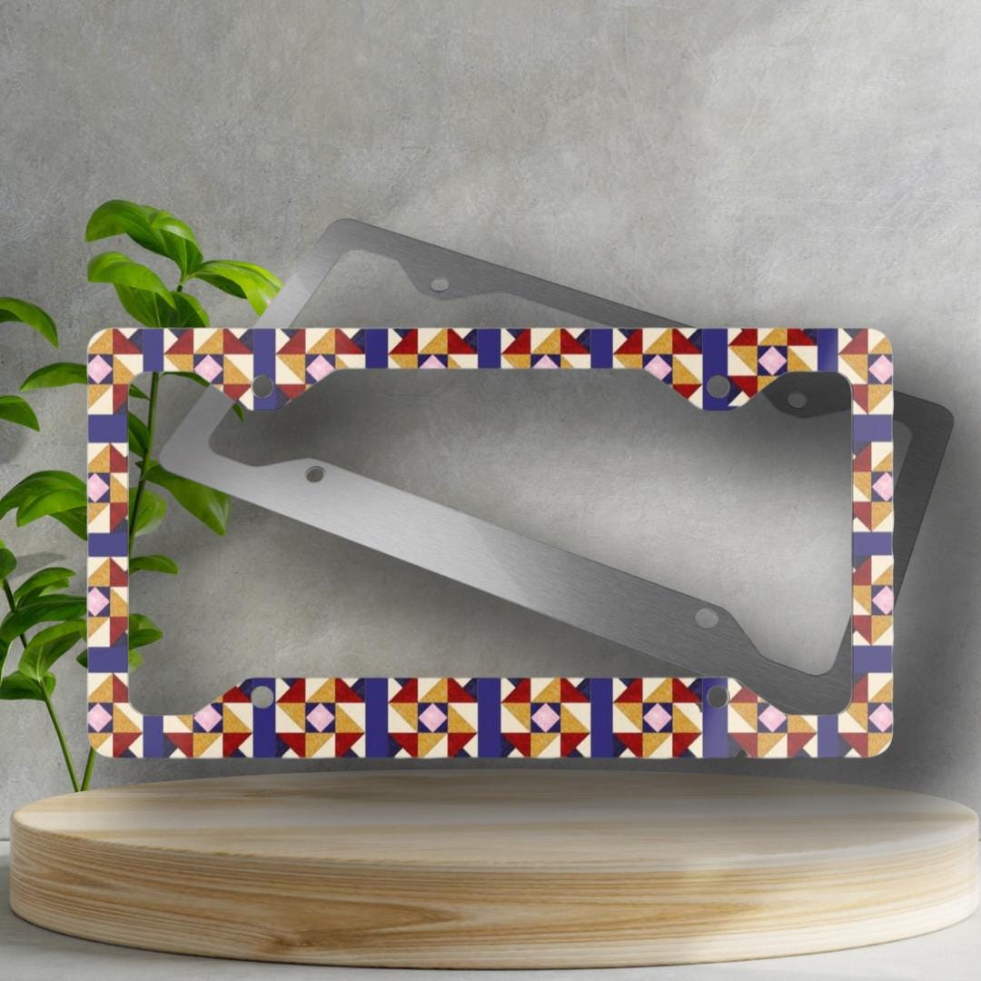 Navy Geometric Quilt Block License Plate Frame - Cottage Core Novelty ...