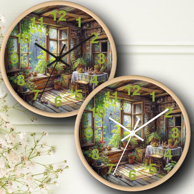 Cottage Pictorial Wall Clock Country Style Wooden Frame Unique Home ...