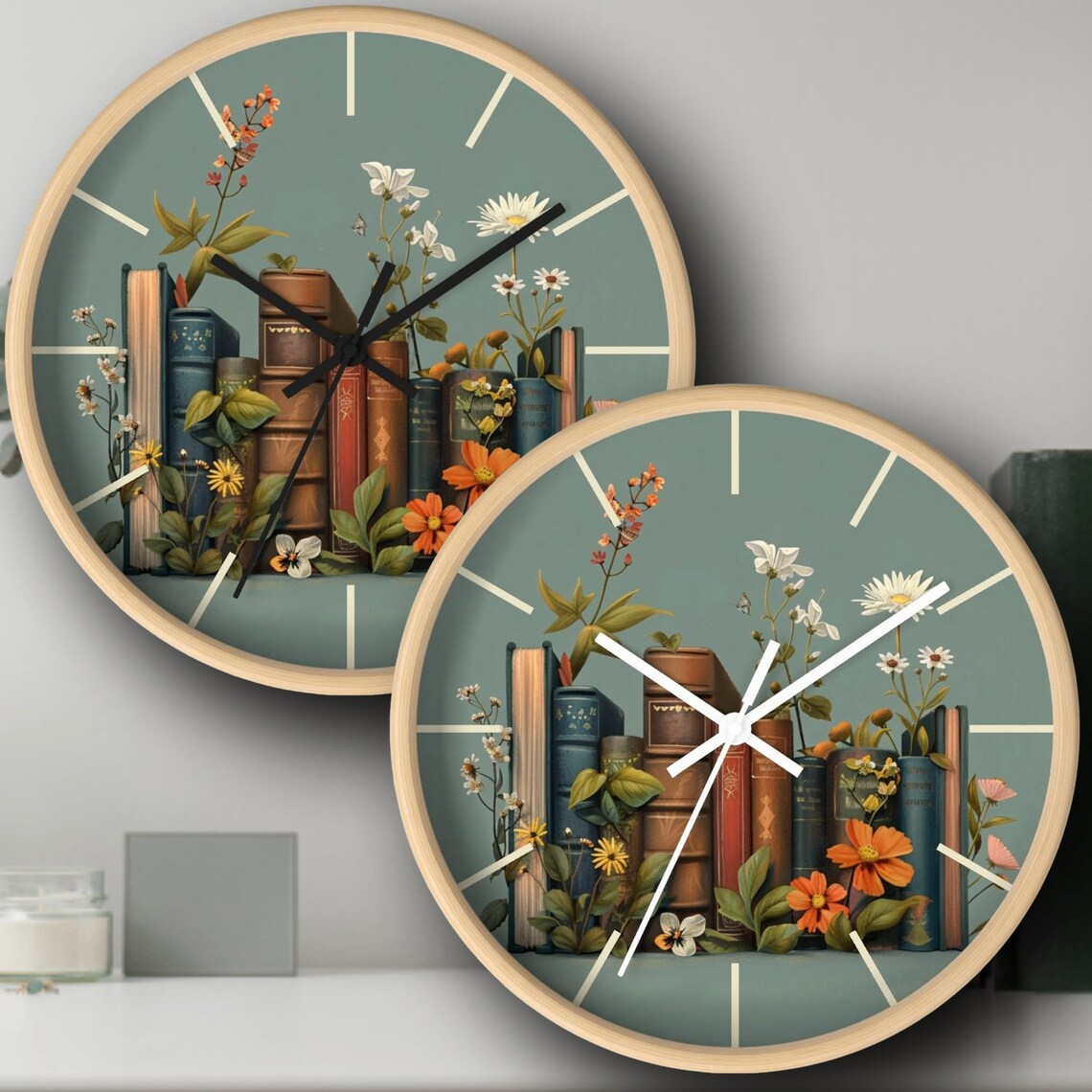 Whimsical Wildflower Wall Clock Flowers & Books Clock, Literature Wall ...