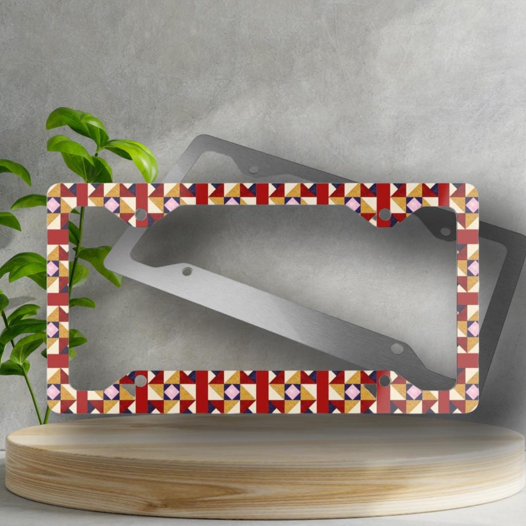 Red Geometric Quilt Block License Plate Frame - Cottage Core Novelty ...