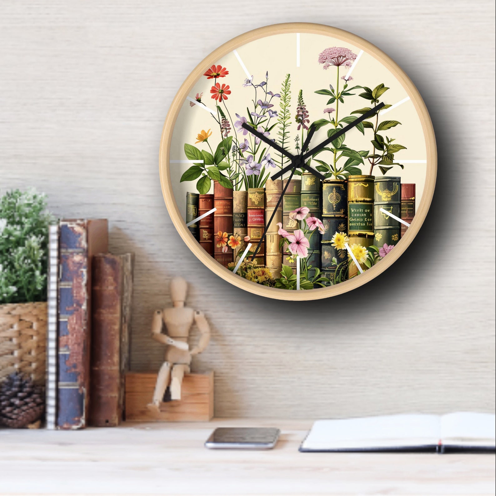 Wildflower Wall Clock - Vibrant Flowers & Books Clock, Literature Wall ...