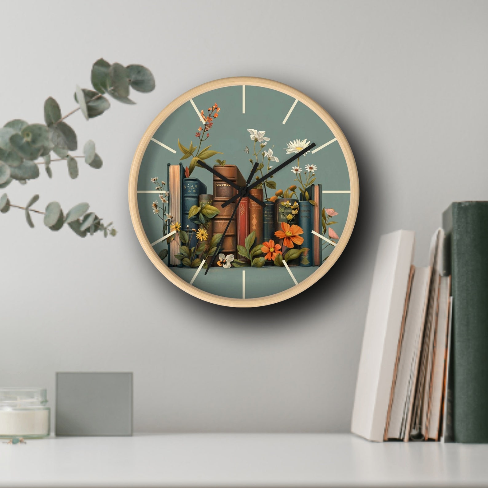 Whimsical Wildflower Wall Clock Flowers & Books Clock, Literature Wall ...