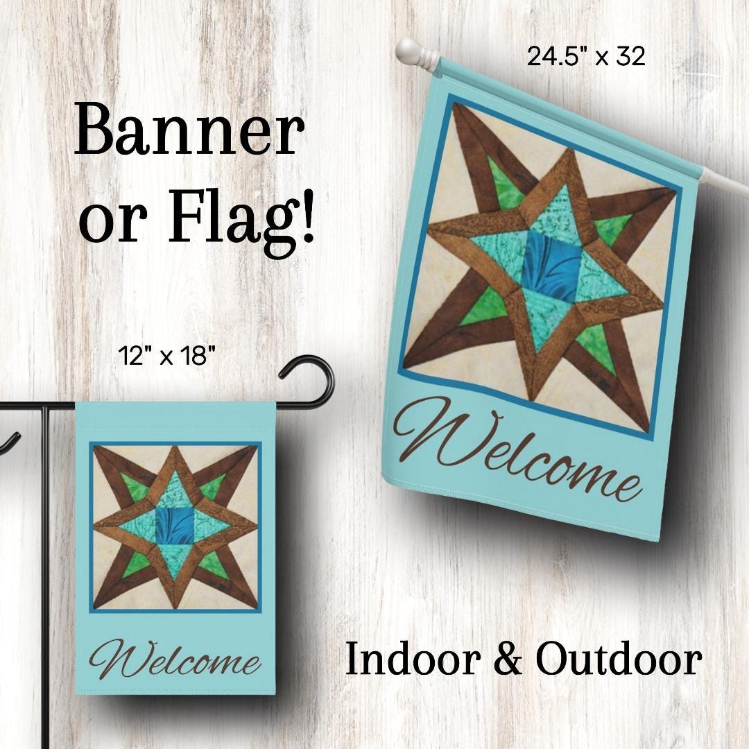 Blue & Green Quilt Block Welcome Banner or Flag - Quilt Garden Banner ...