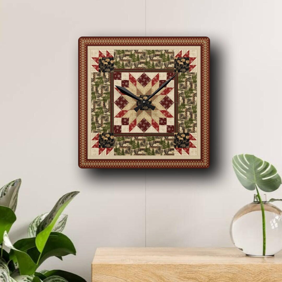 Rustic Wildlife Lodge Wall Clock Quilted Acrylic Design Country Decor ...