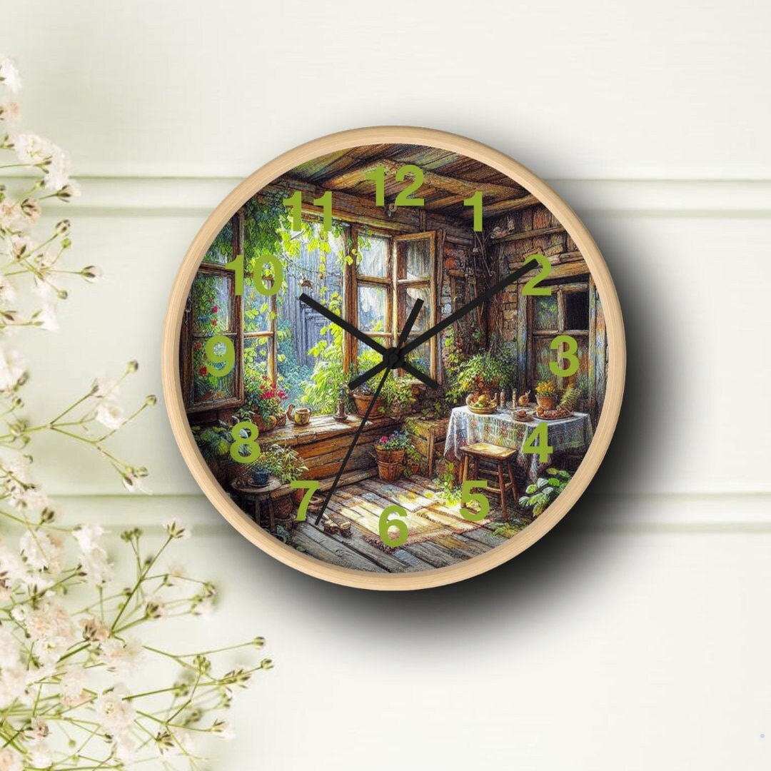 Cottage Pictorial Wall Clock Country Style Wooden Frame Unique Home ...