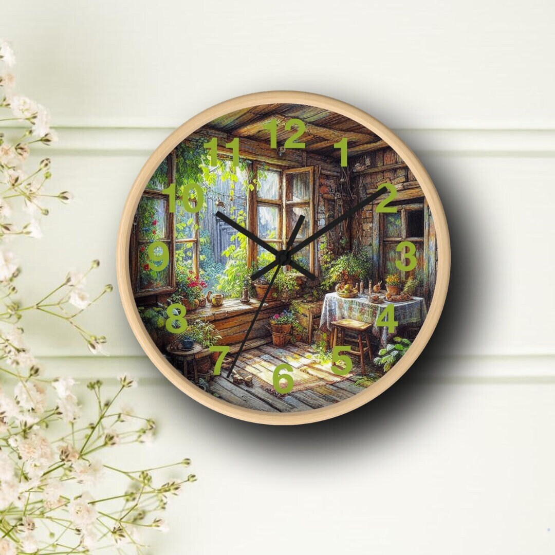 Cottage Pictorial Wall Clock Country Style Wooden Frame Unique Home ...