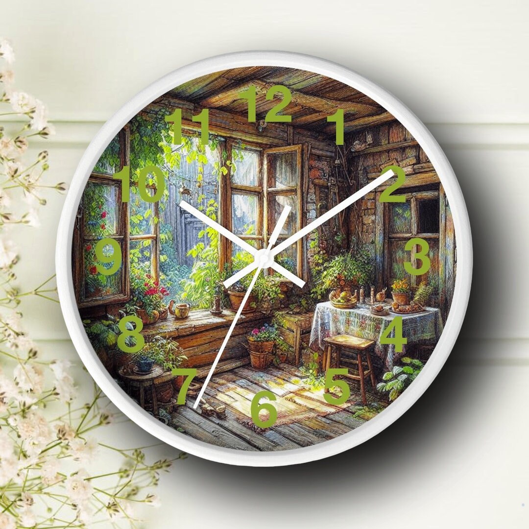 Cottage Pictorial Wall Clock Country Style Wooden Frame Unique Home ...