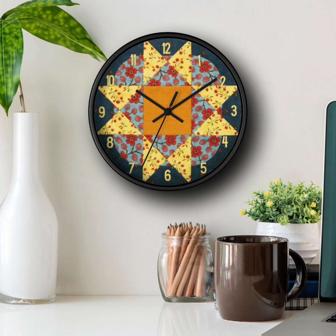 Yellow & Navy Quilt Block Wall Clock - Floral Clock, Quilters Wall ...