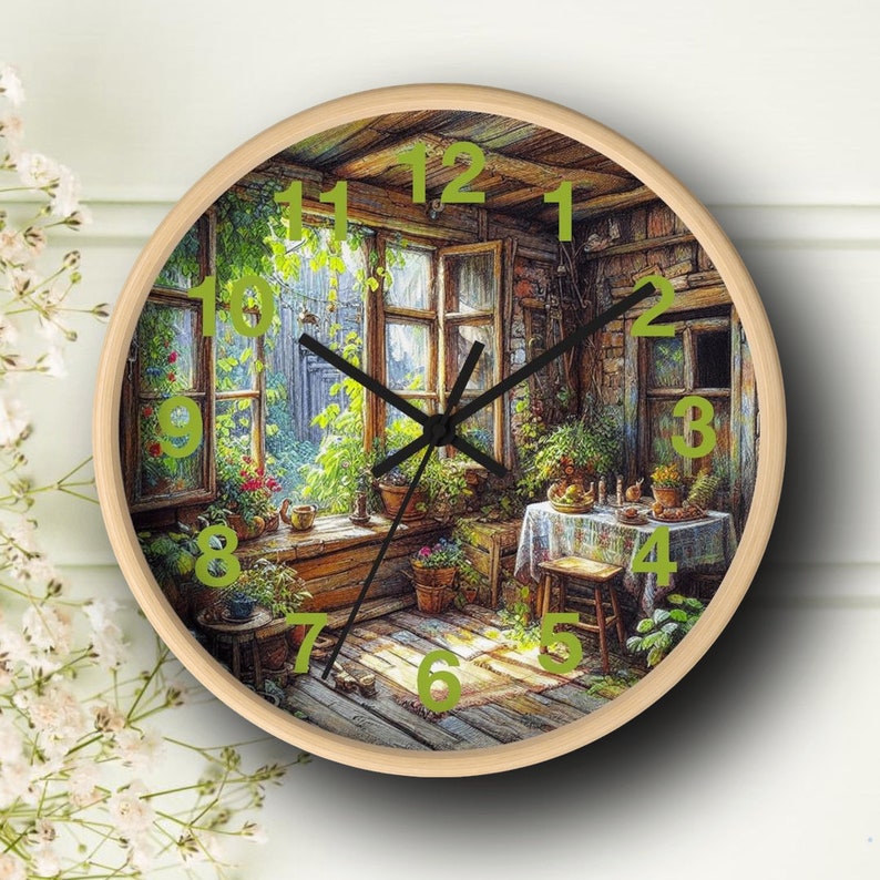Cottage Pictorial Wall Clock Country Style Wooden Frame Unique Home ...