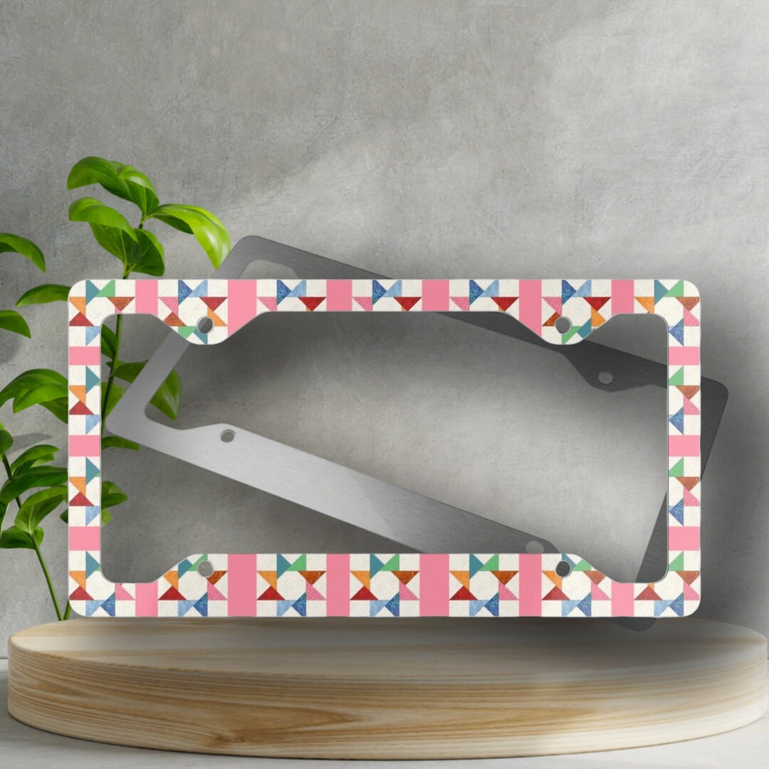 Pink Quilt Block Printed Metal License Plate Frame - Novelty License ...