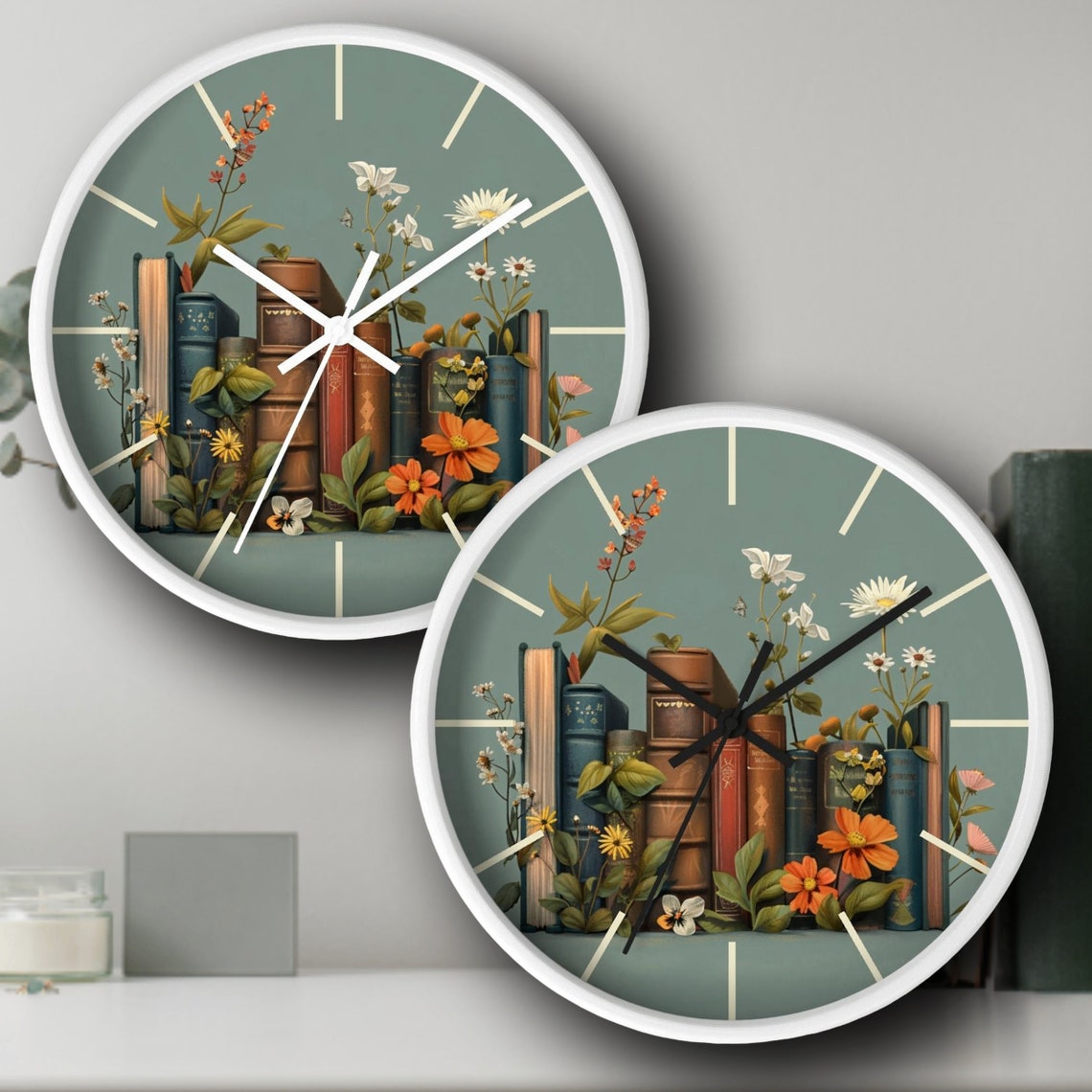 Whimsical Wildflower Wall Clock Flowers & Books Clock, Literature Wall ...