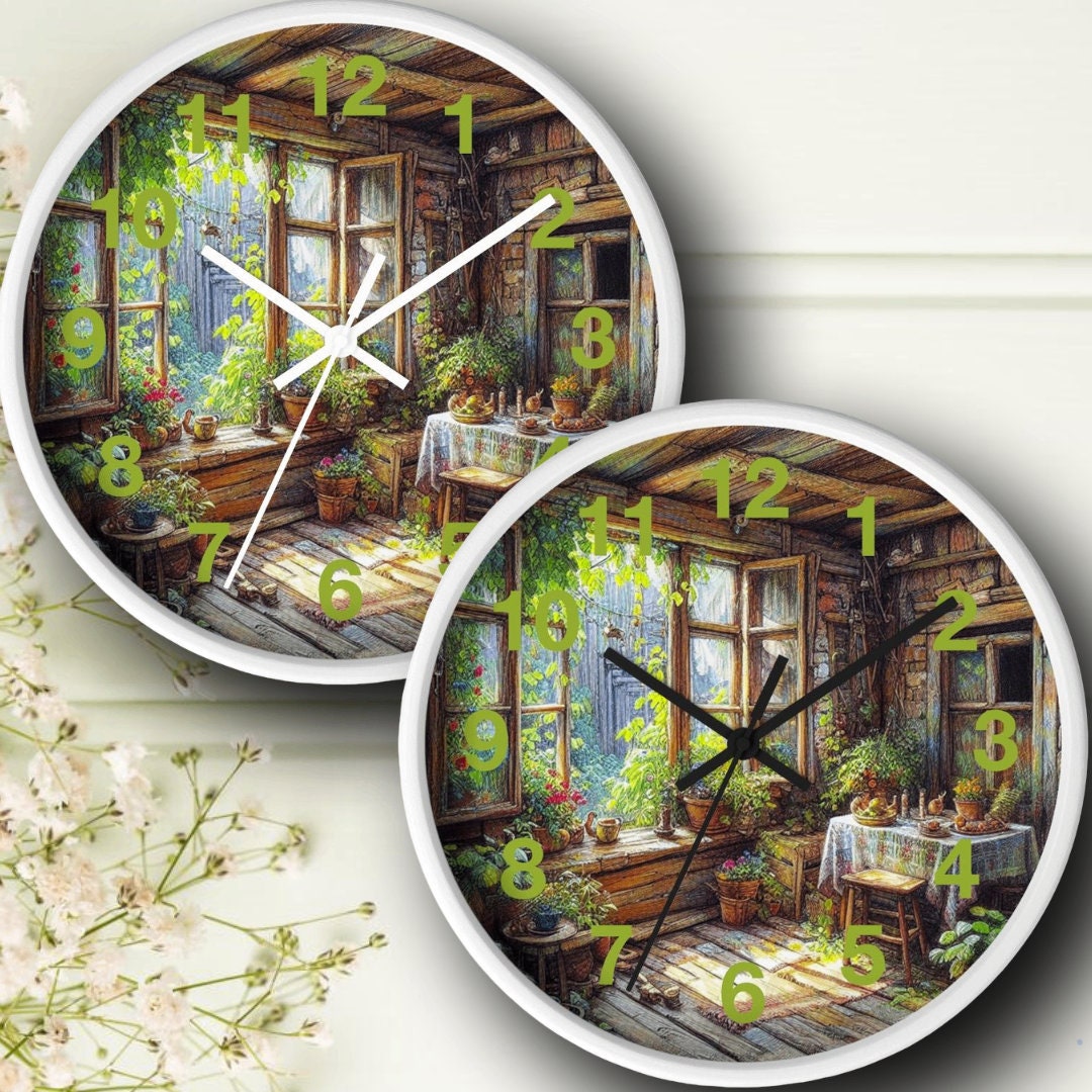 Cottage Pictorial Wall Clock Country Style Wooden Frame Unique Home ...