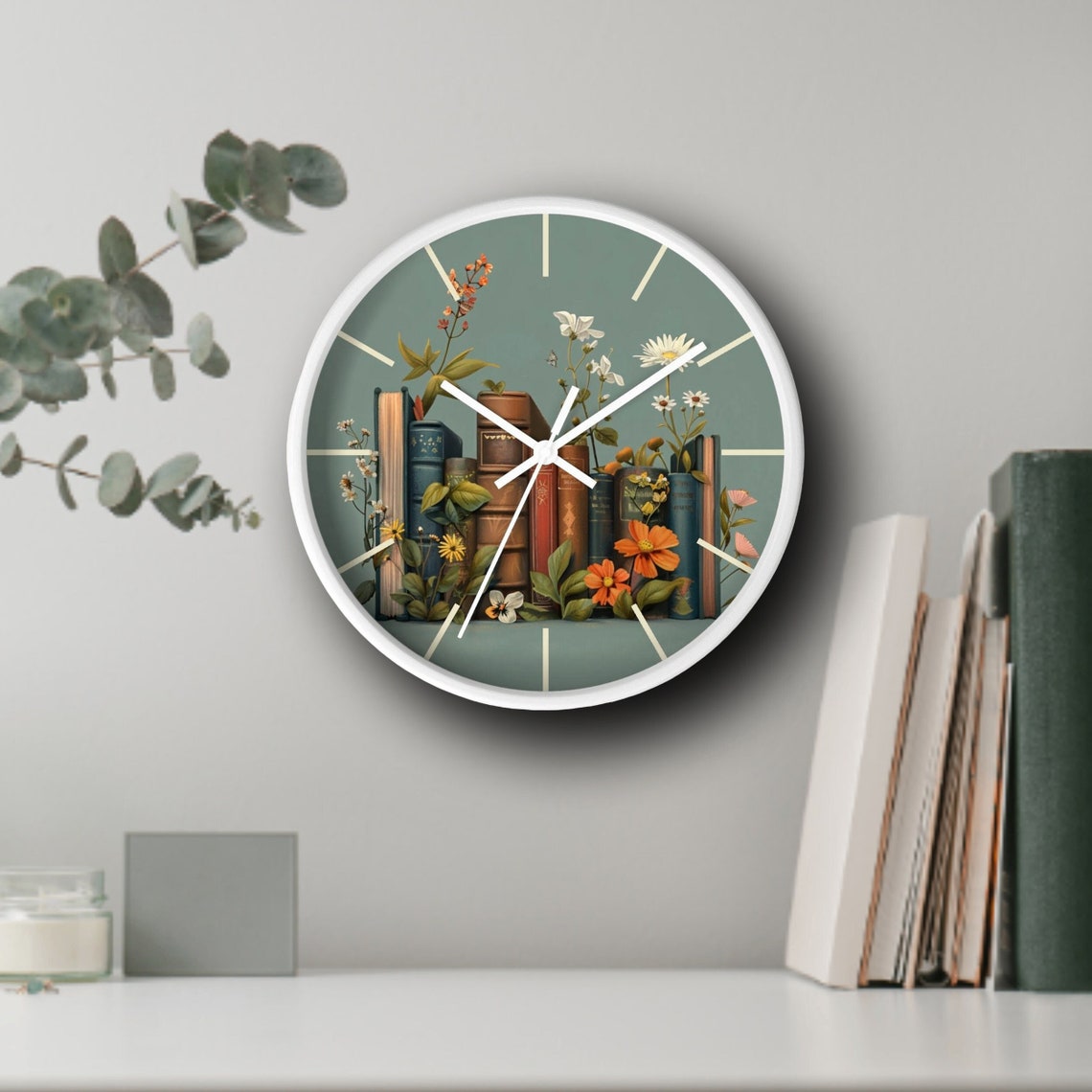 Whimsical Wildflower Wall Clock Flowers & Books Clock, Literature Wall ...