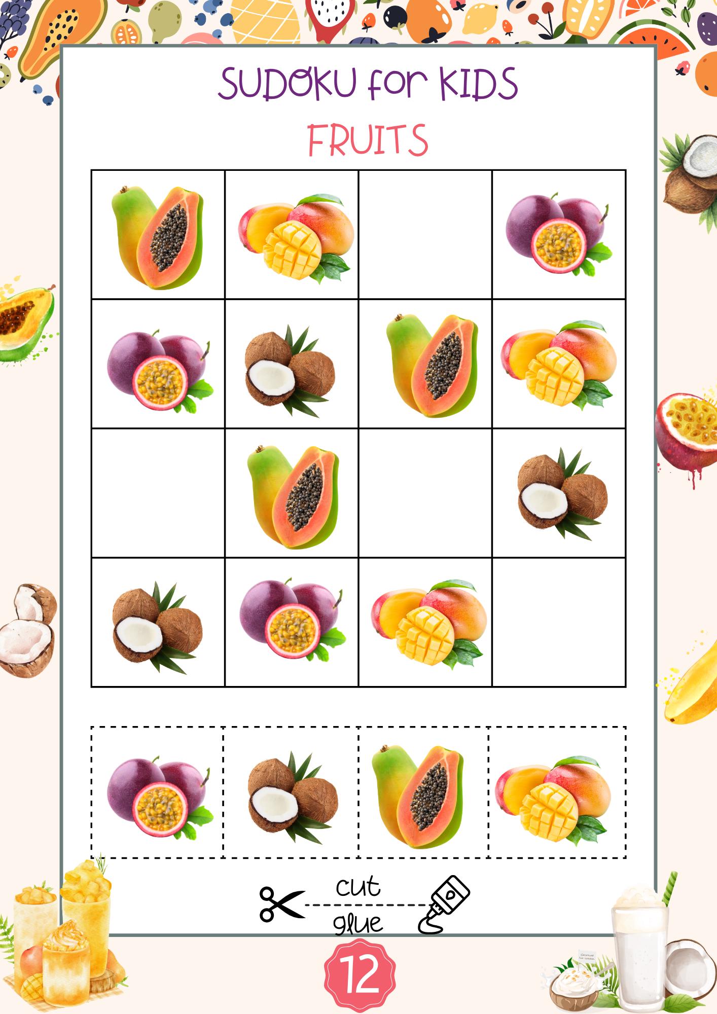 Fruits| Sudoku for Kids | Printable Activity | Preschool Activity ...