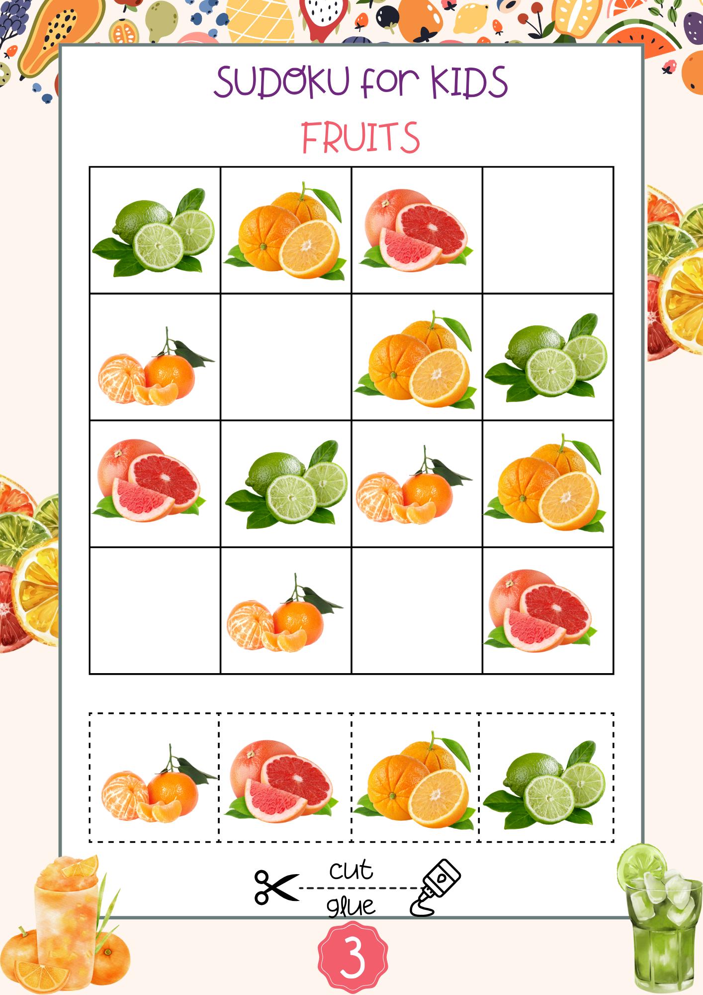 Fruits| Sudoku for Kids | Printable Activity | Preschool Activity ...