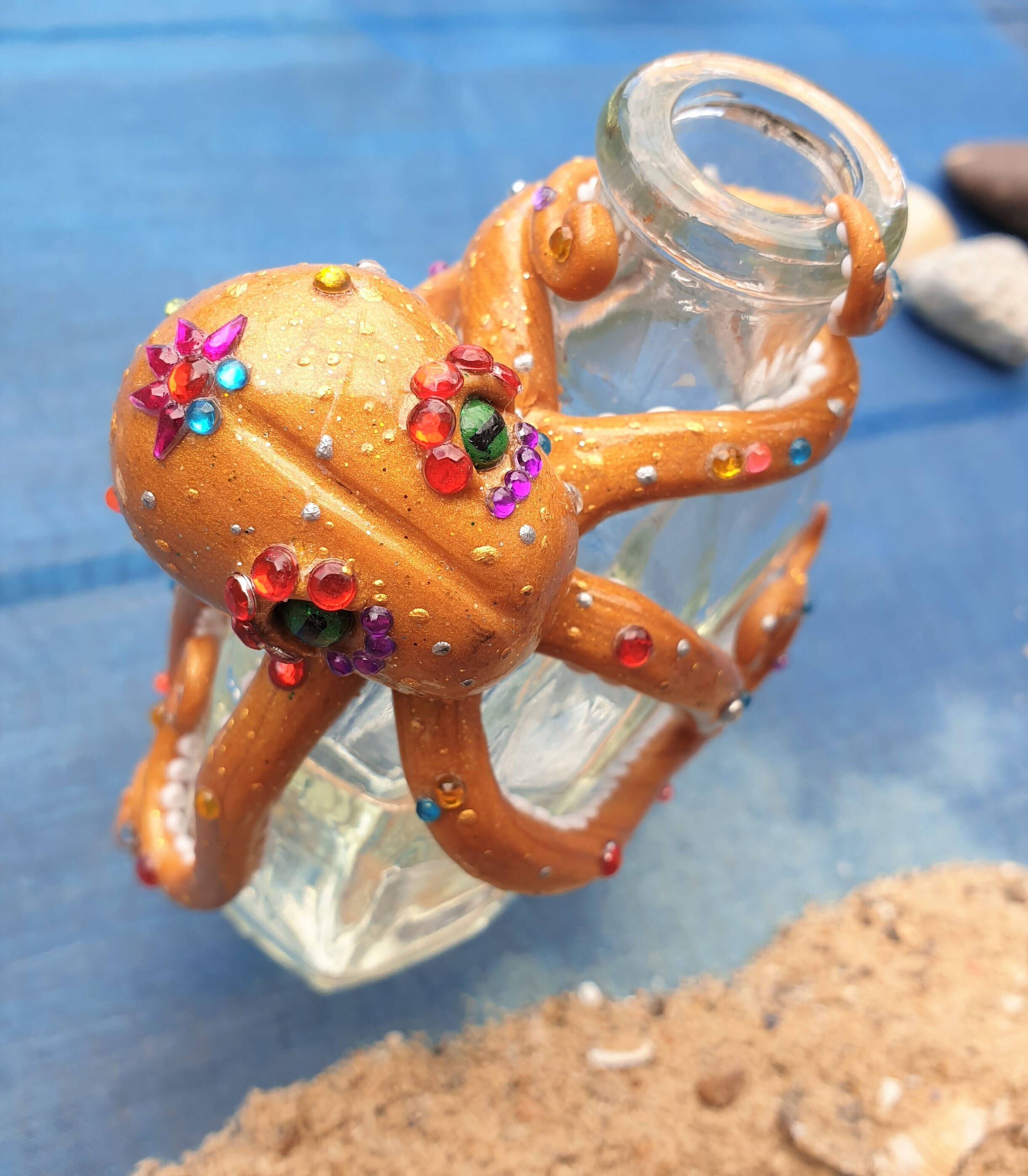 Sunken Treasure - Gold Octopus on Glass Bottle - Handmade Polymer Clay ...