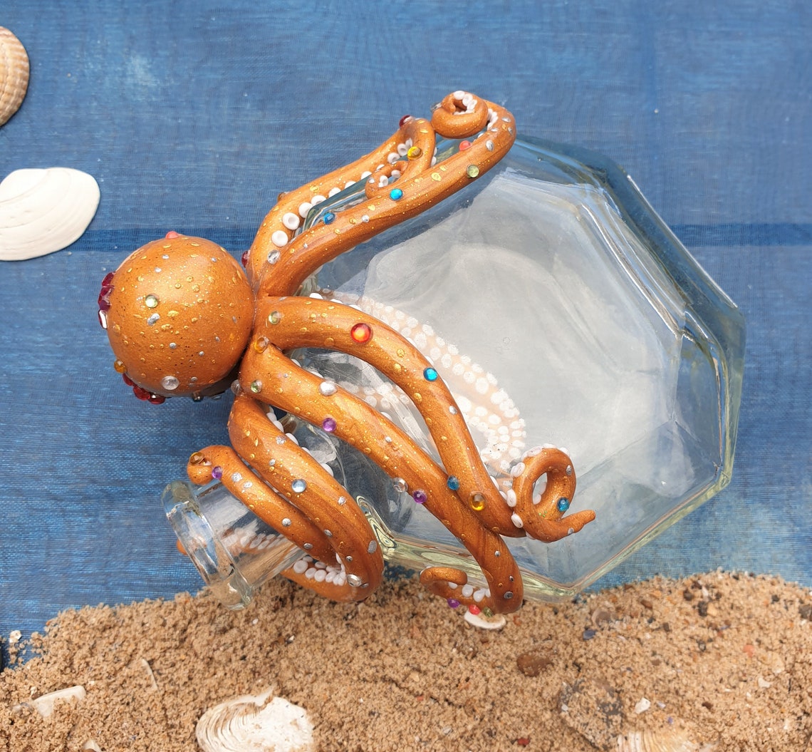 Sunken Treasure - Gold Octopus on Glass Bottle - Handmade Polymer Clay ...