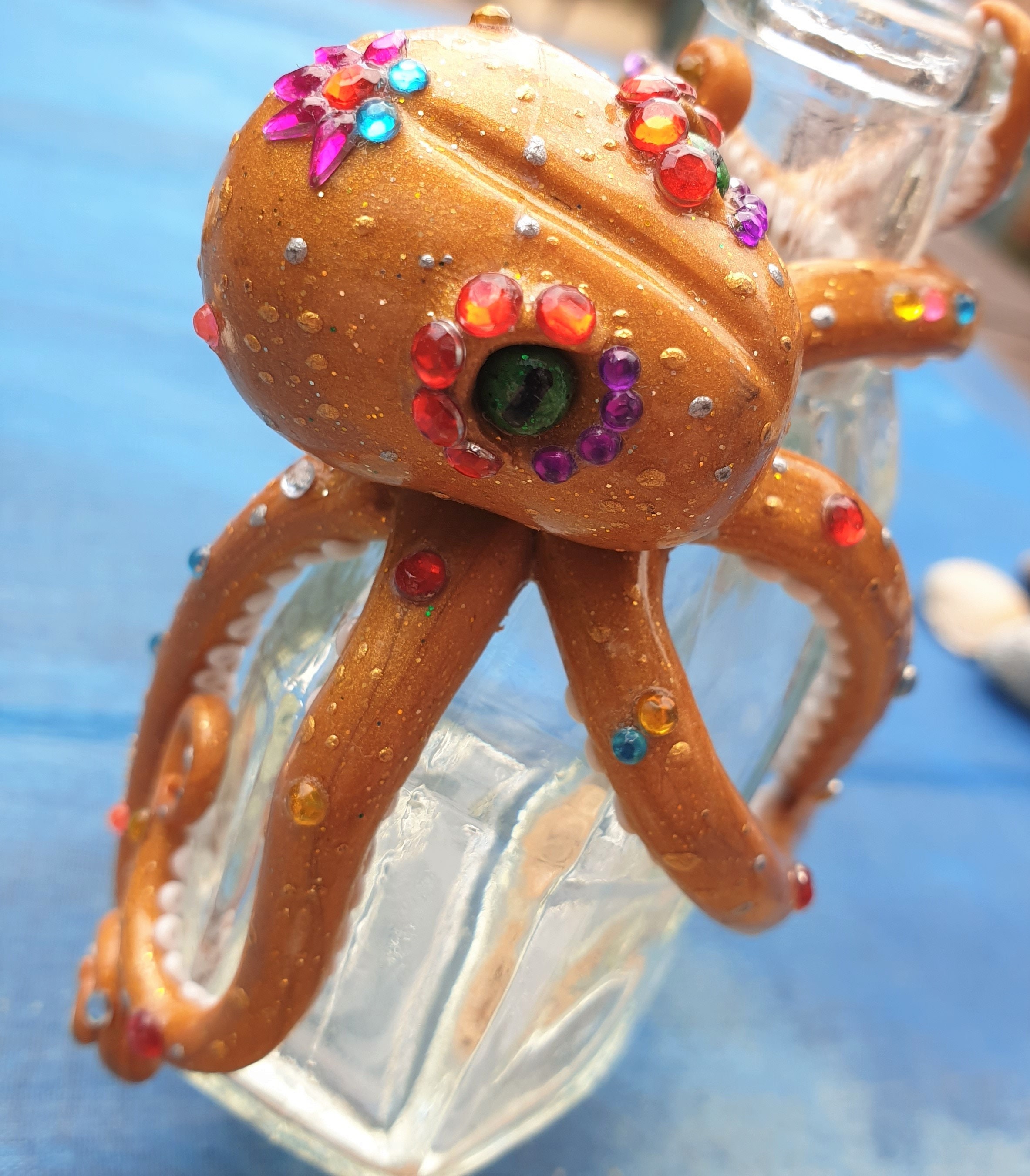 Sunken Treasure - Gold Octopus on Glass Bottle - Handmade Polymer Clay ...