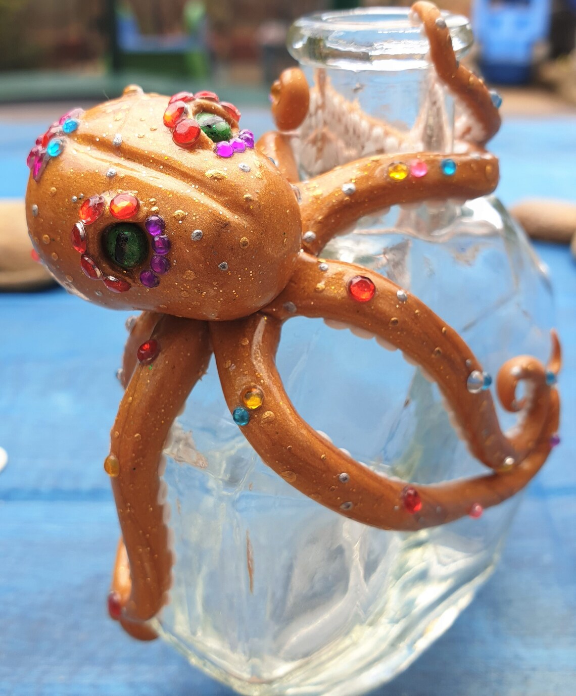 Sunken Treasure - Gold Octopus on Glass Bottle - Handmade Polymer Clay ...
