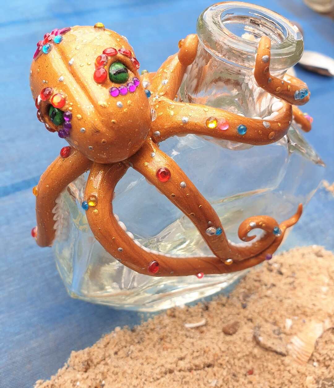 Sunken Treasure - Gold Octopus on Glass Bottle - Handmade Polymer Clay ...