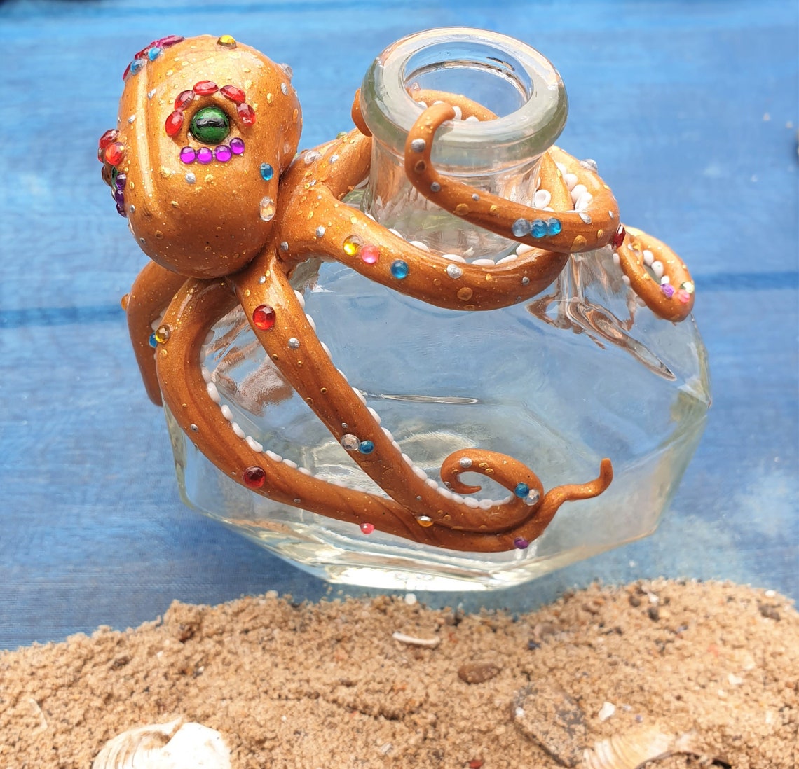Sunken Treasure - Gold Octopus on Glass Bottle - Handmade Polymer Clay ...