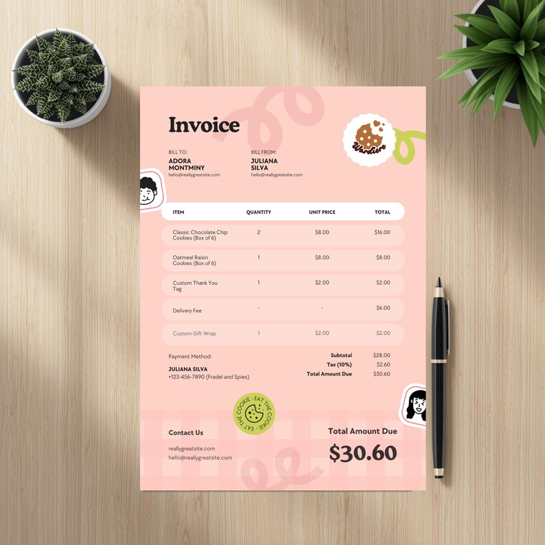 Pink Invoice Template | Personalized Business Invoice | Custom Sales ...