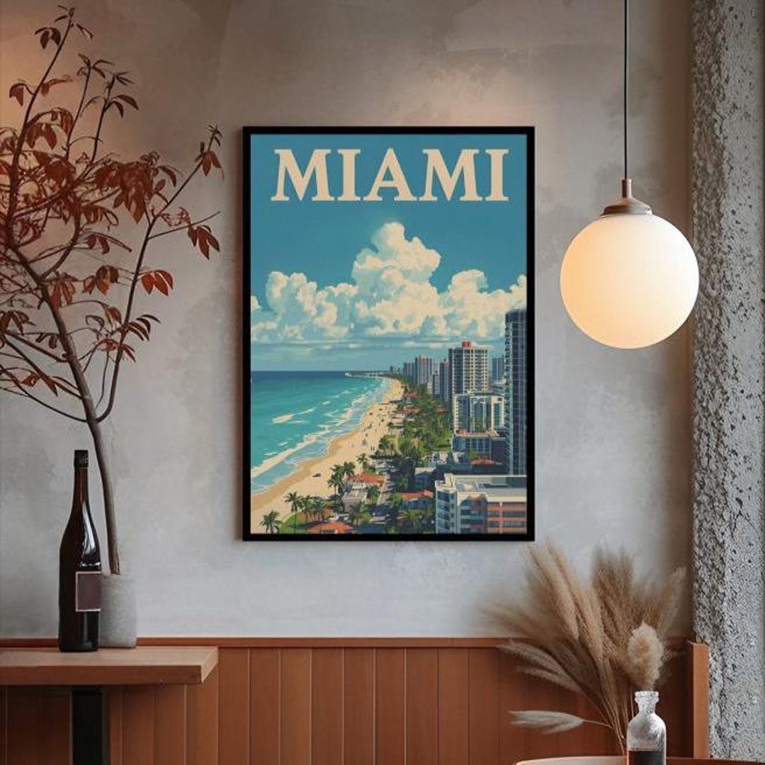 Framed Miami Wall Art, Tropical Beach Cityscape Poster, Oceanfront ...