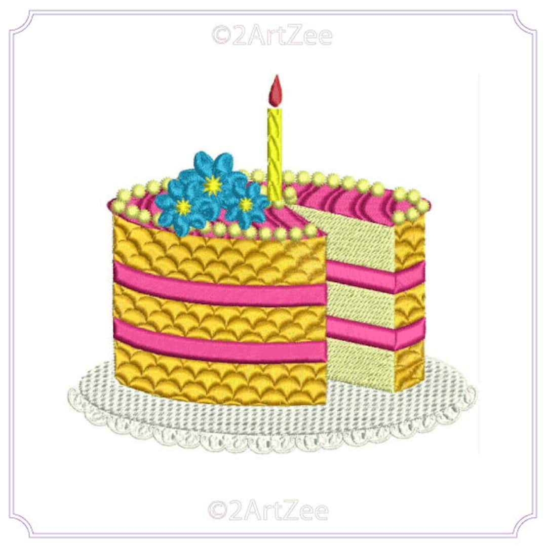 Sliced Birthday Cake With Flowers and Candle Machine Embroidery Design ...