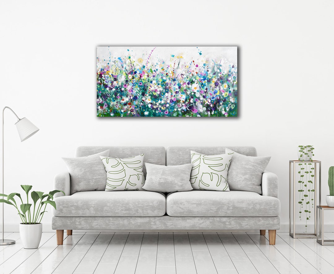 Large Floral Canvas Giclee Print From Painting, Green Pink Floral Wall ...