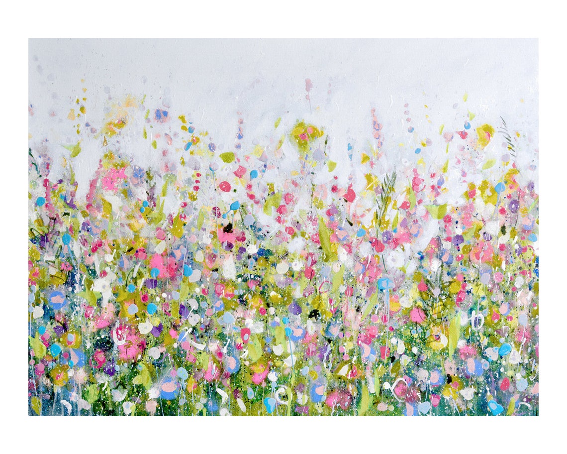 Large Floral Art Print Pink Green Wall Art Abstract Meadow | Etsy
