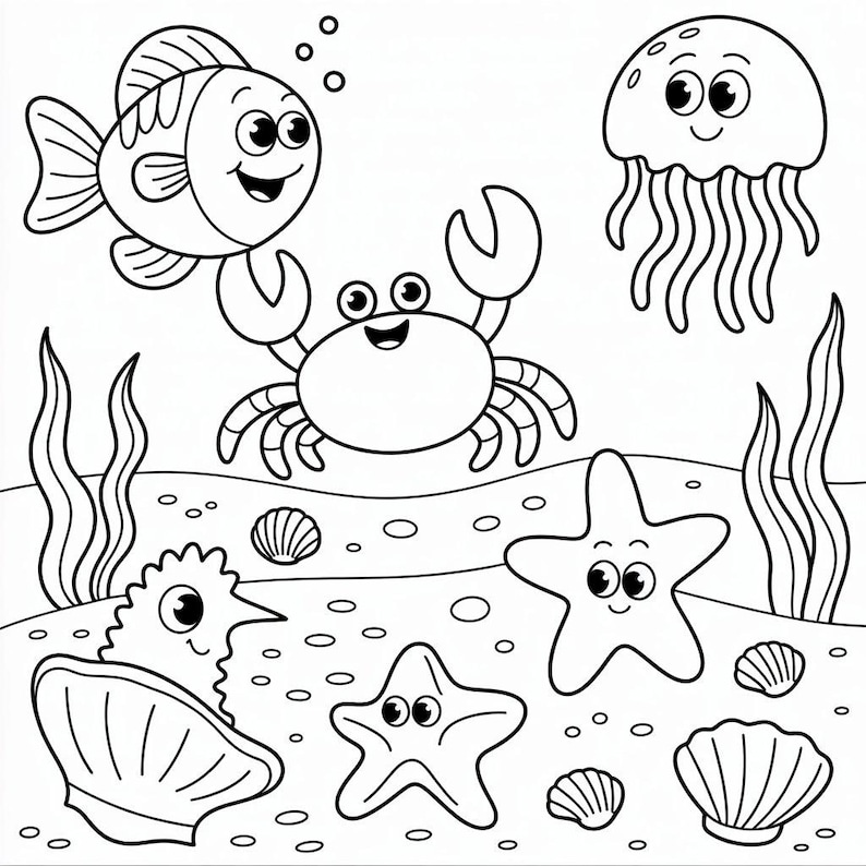 Cute Ocean Animals Coloring Pages: Printable Kids & Adults (PDF) - Etsy