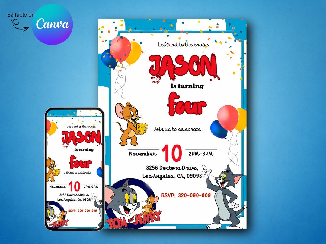 Editable Tom and Jerry 4th Birthday Invitation | Custom Canva Template ...
