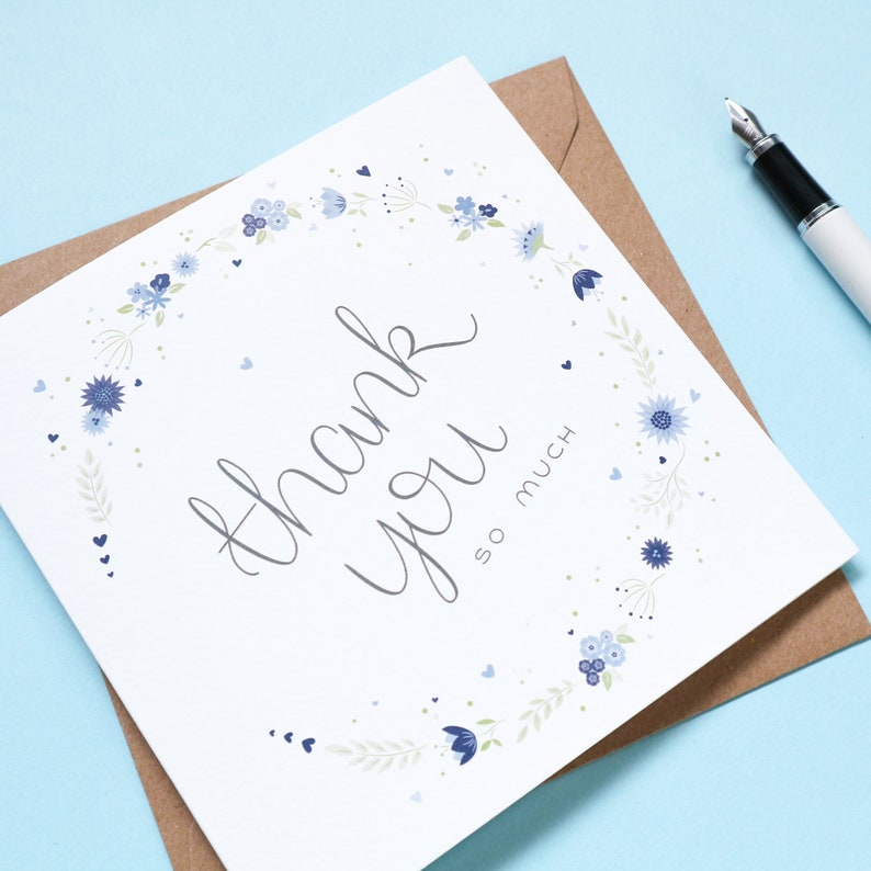 Beautifully Blue Floral Thank You Card - Etsy