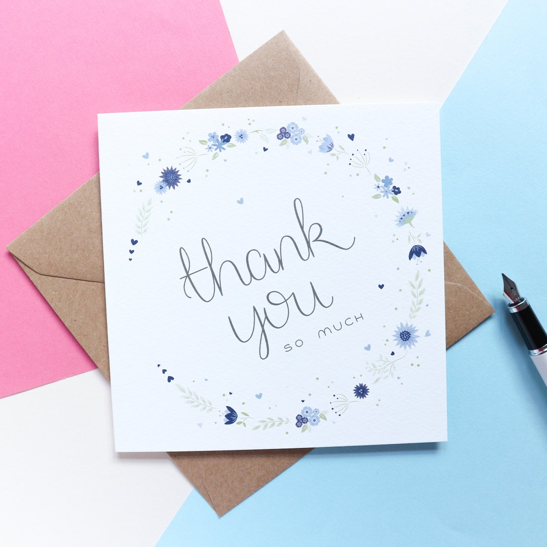 Beautifully Blue Floral Thank You Card - Etsy