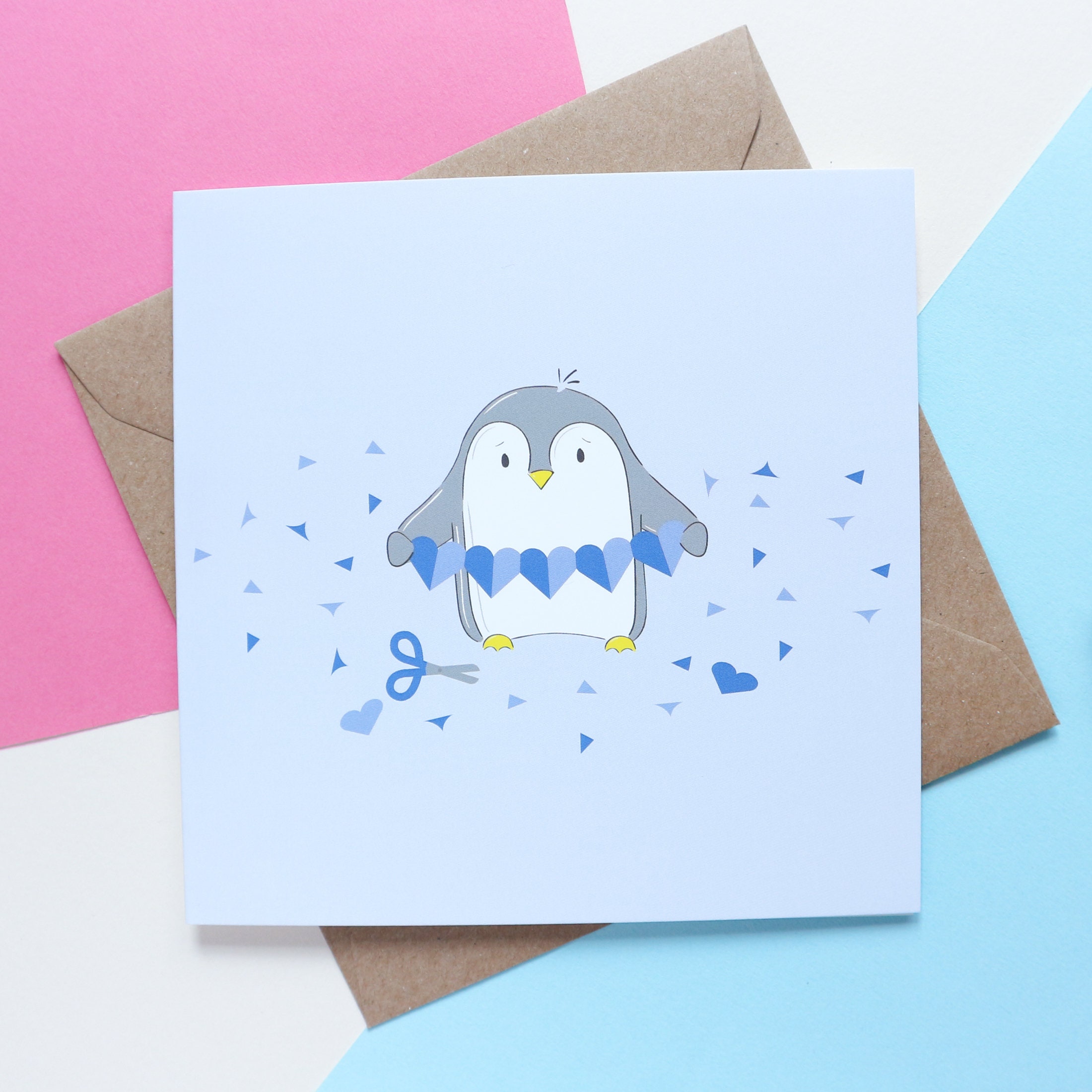 Postcards Stationery Paper Cute Blue Penguin with heart garland ...