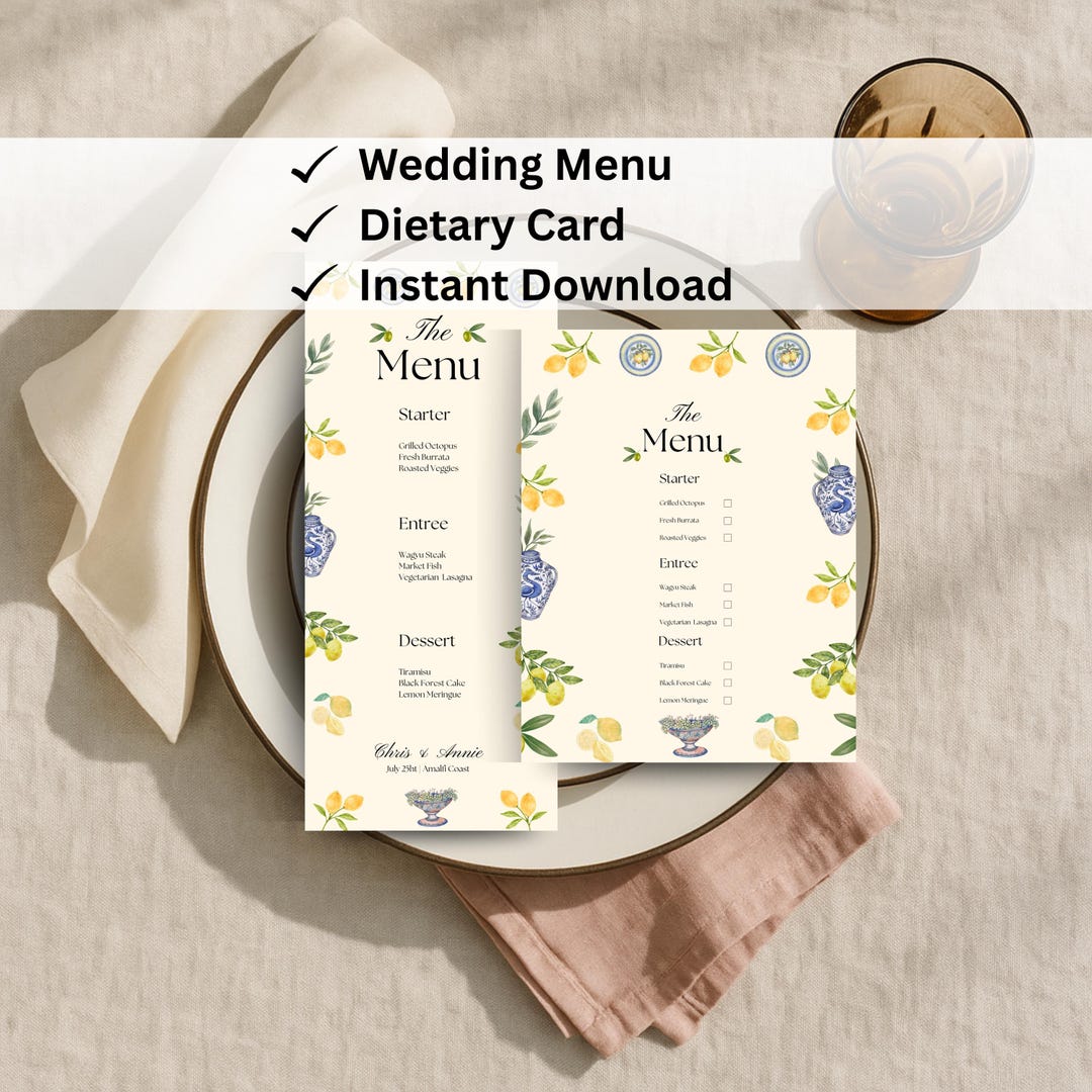 Mediterranean Wedding Menu Template | Amalfi Coast Lemon Theme | Printable Canva Menu | Elegant ...
