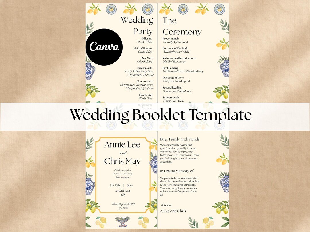 Editable Wedding Booklet | Canva Template | Mediterranean Lemon Wedding ...